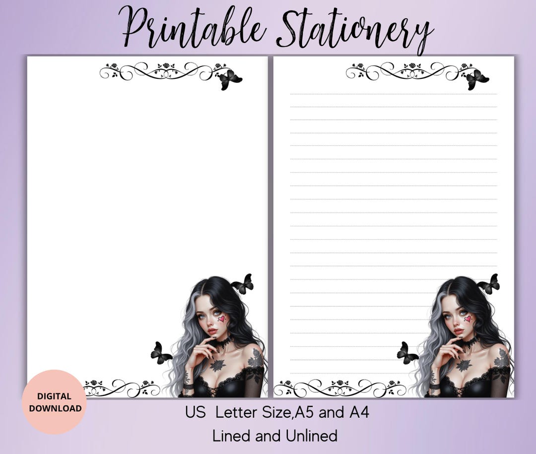 Gothic Girl Printable Stationery-girl Writing Paper Set Lined Unlined ...