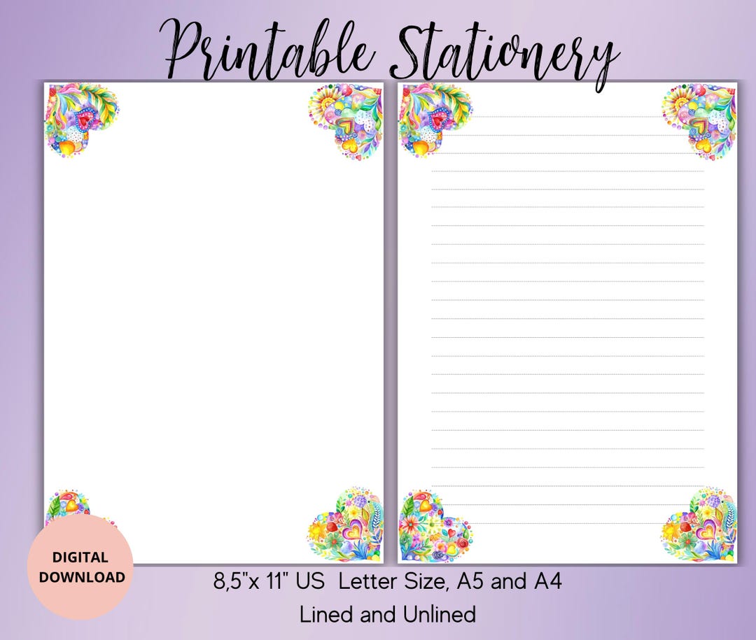 Colorful Hearts Printable Stationery-valentine's Day Printable Writing ...