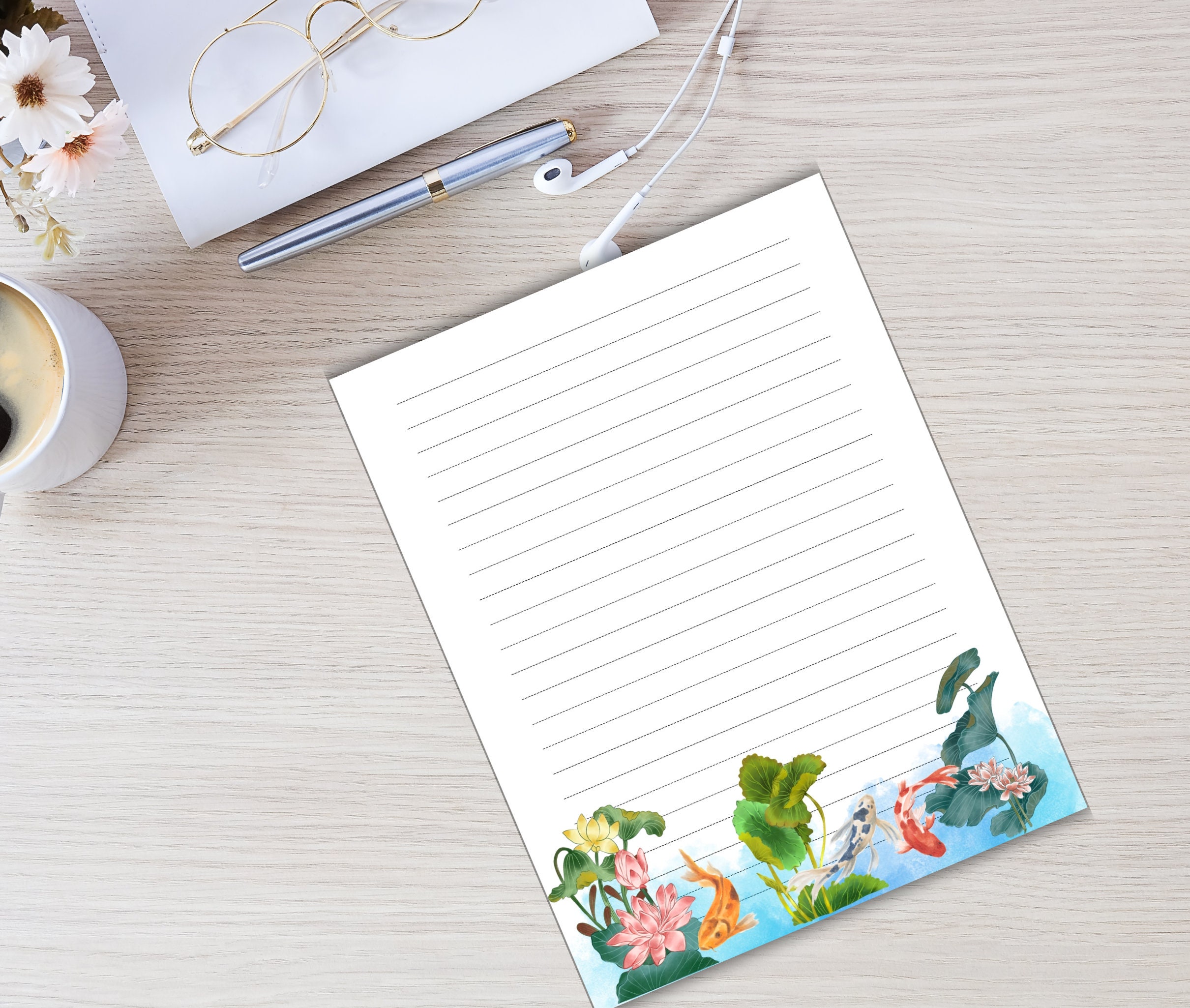Japanese Koi Fish Printable Stationery Lotus Pond and Koi Fish Writing ...