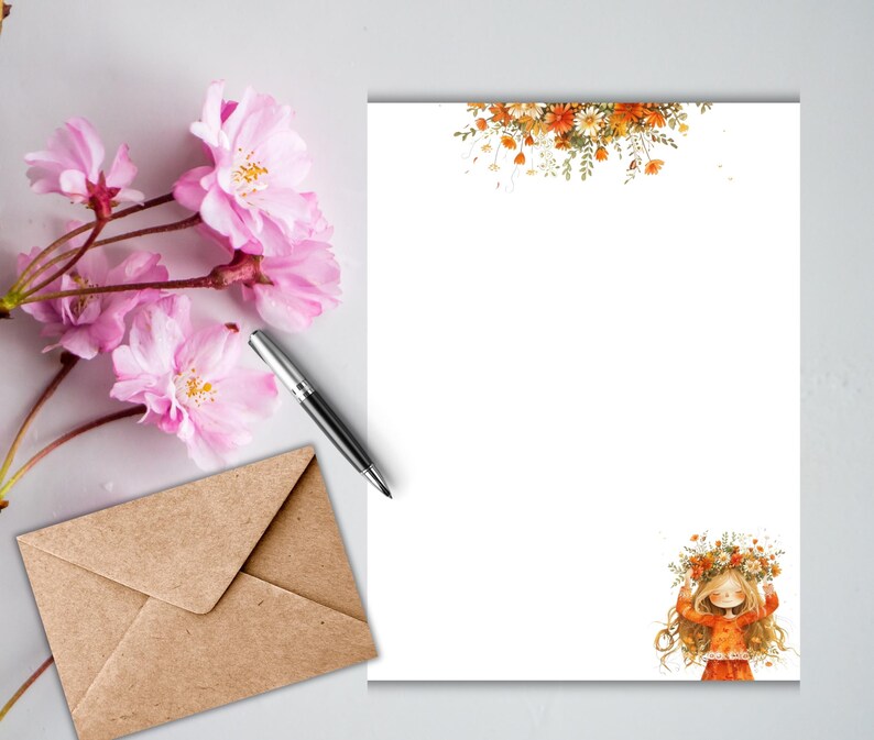 Girl With Flower Printable Stationery-cure Girl Writing Paper Set ...