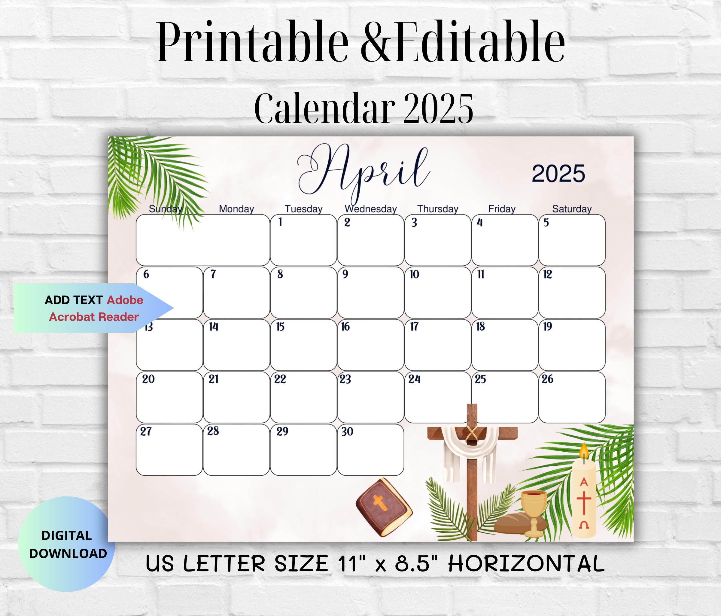 Christian Easter Editable Calnendar-april 2025 Fillable Monthly Planner ...