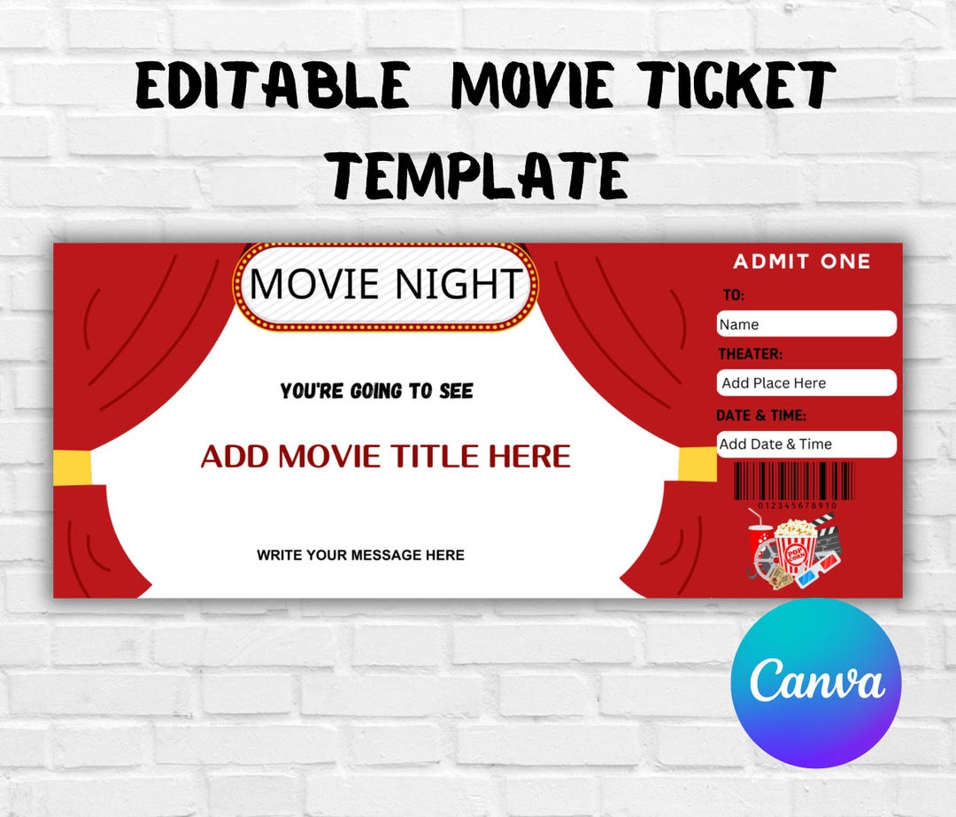 Editable Movie Night Ticket-editable Movie Voucher-custom Movie Ticket ...