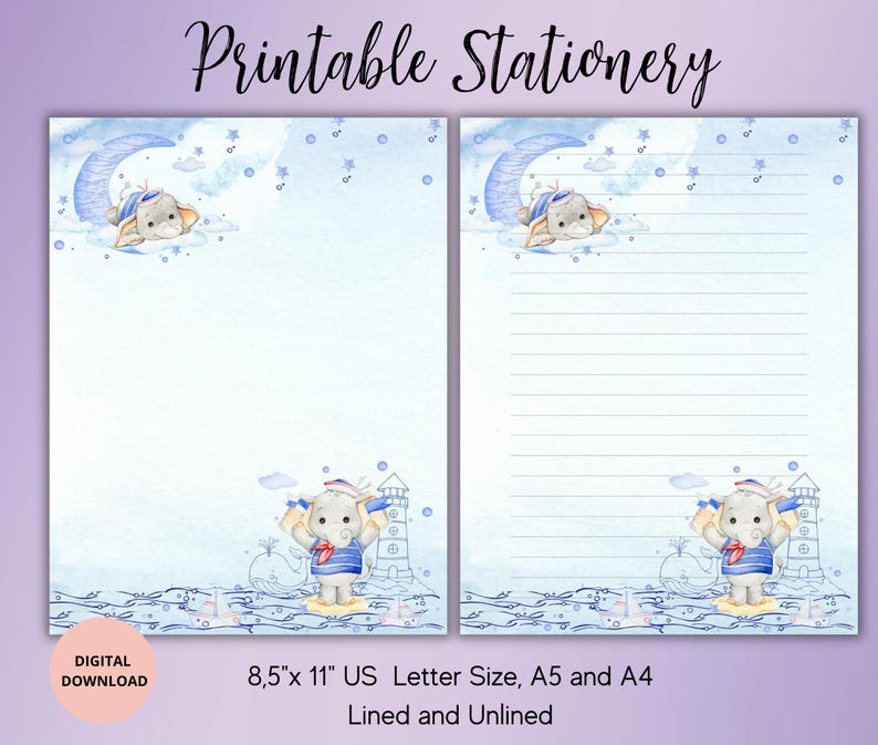 Elephant Printable Stationery-kids Stationary-animal Writing Paper Set ...