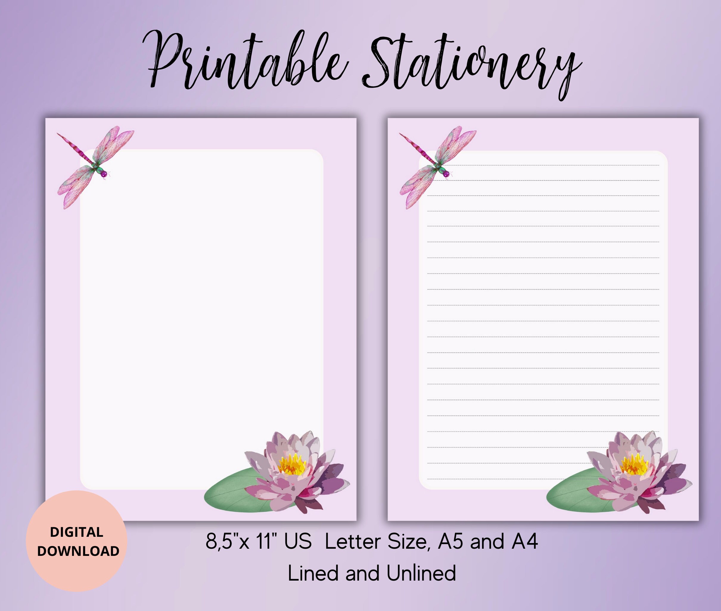 Watercolor Lotus Flower Printable Stationery,flower Stationary ...