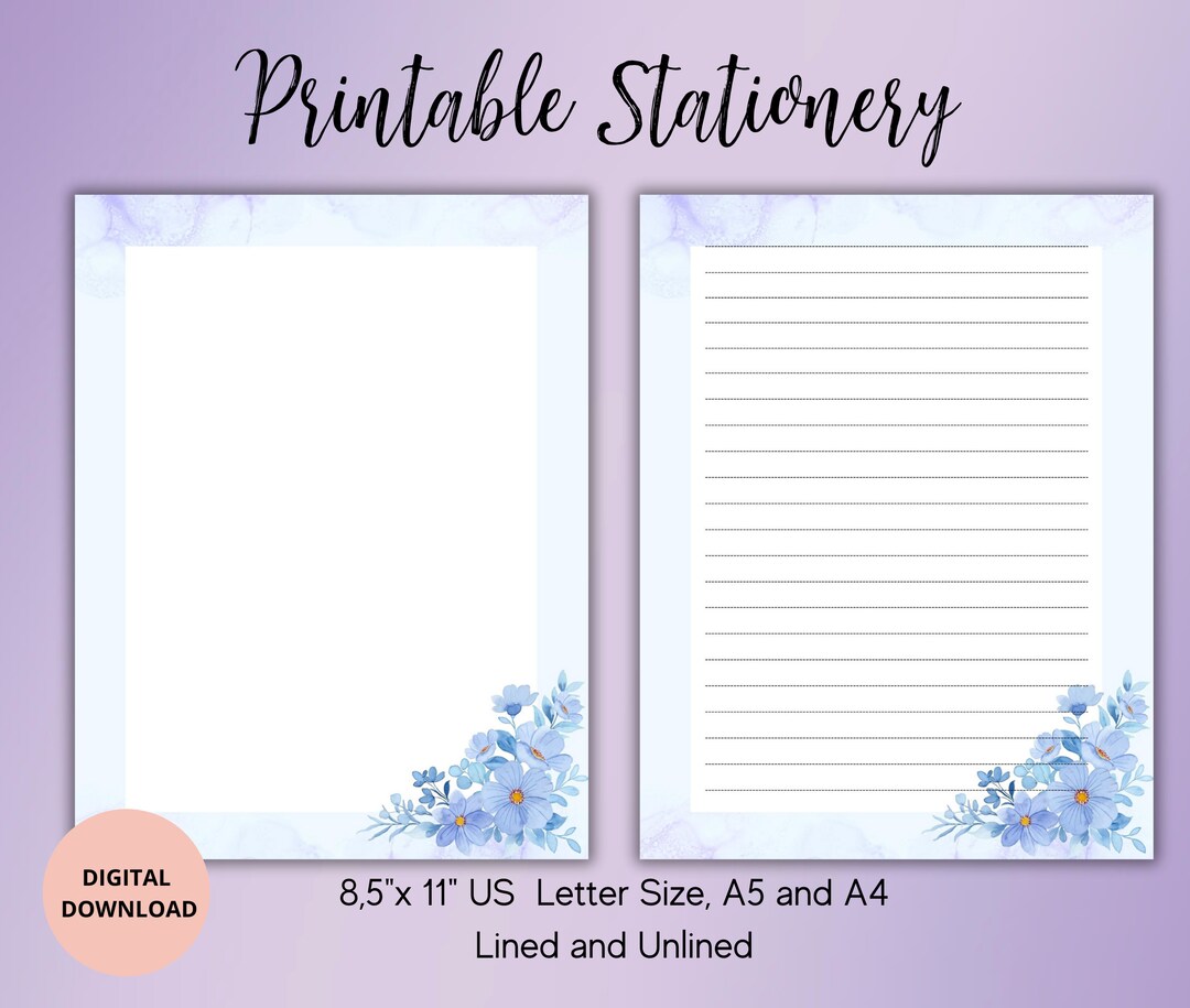 Blue Flower Printable Stationery-cute Notepads-floral Letter Writing ...