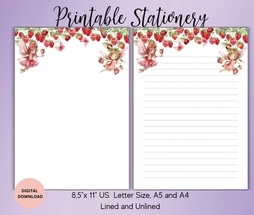 Strawberry Fairy Printable Stationery Set-strawberry Writing Paper ...