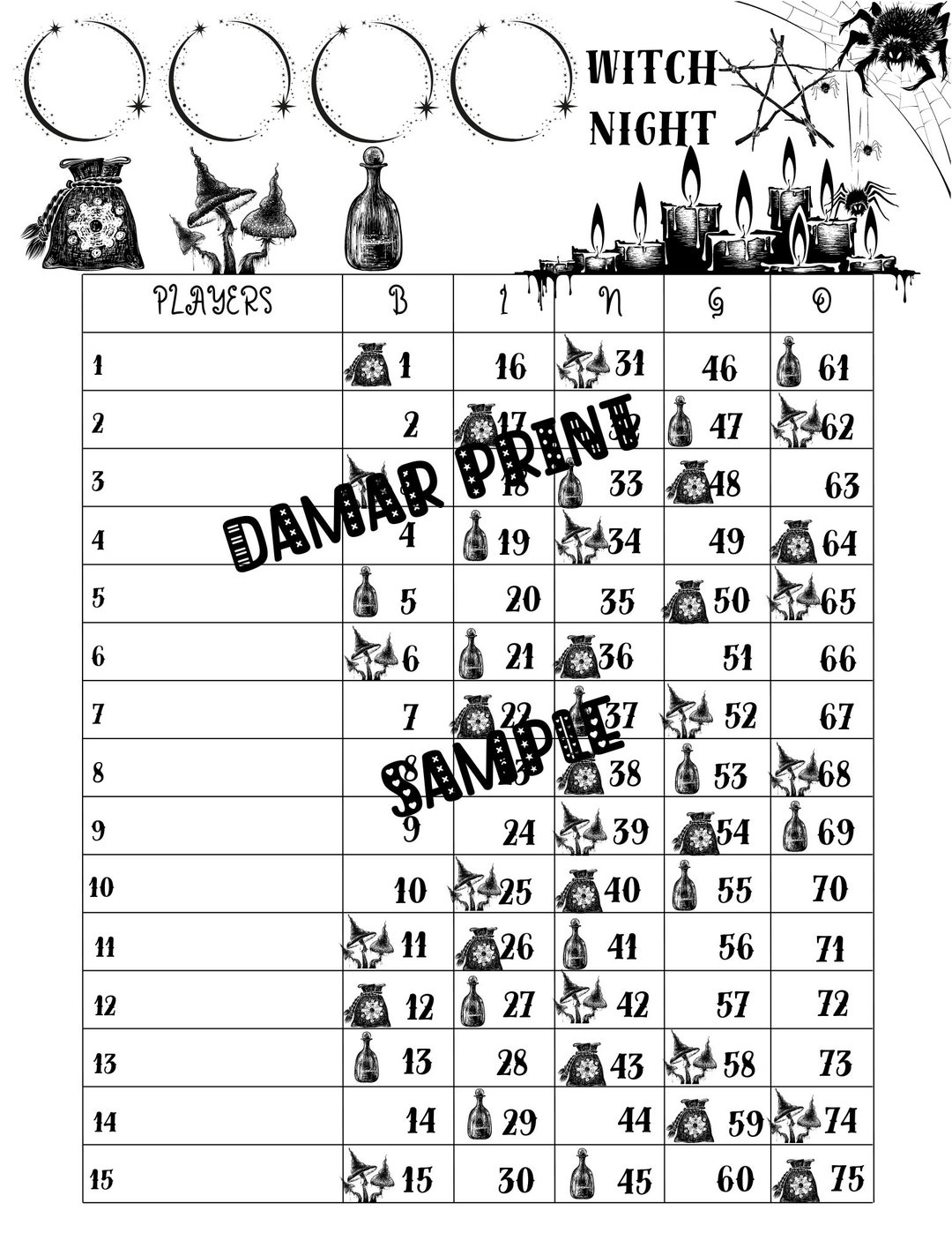 Witch Ritual Bingo Boards-bingo Bords Printable 1-15 Lines - Straight ...