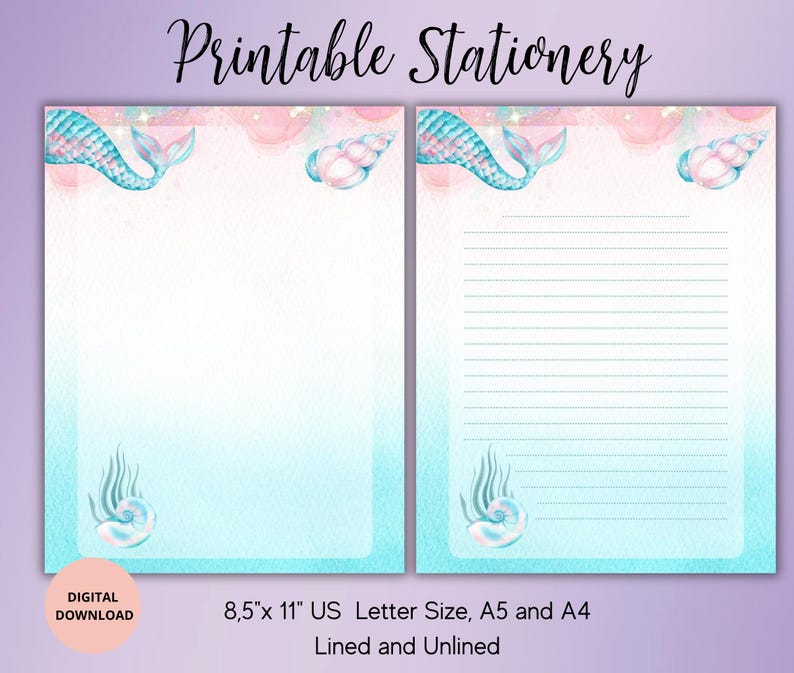 Printable Mermaid Letter Writing Paper Set,mermaid Stationery,marine ...