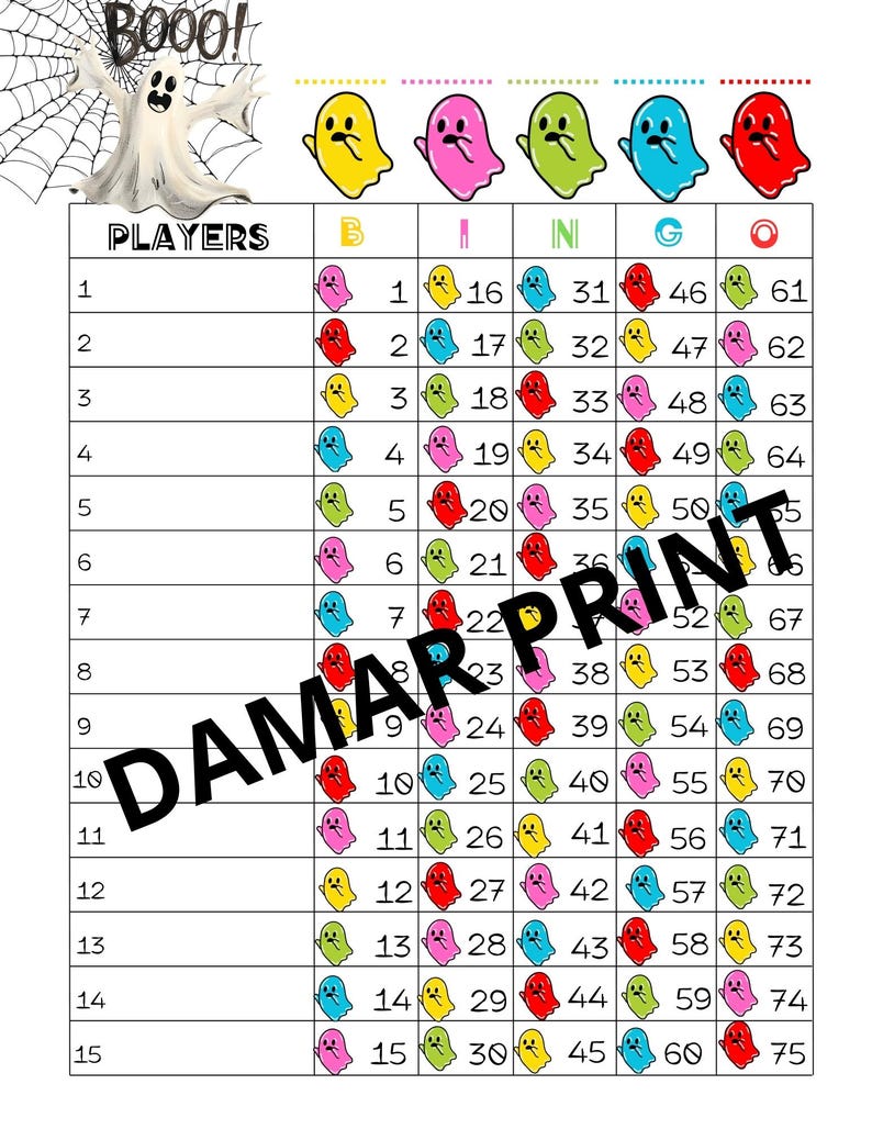 Cute Ghost Bingo Boards Printable Set spooky Bingo Theme 15 Lines 75 ...