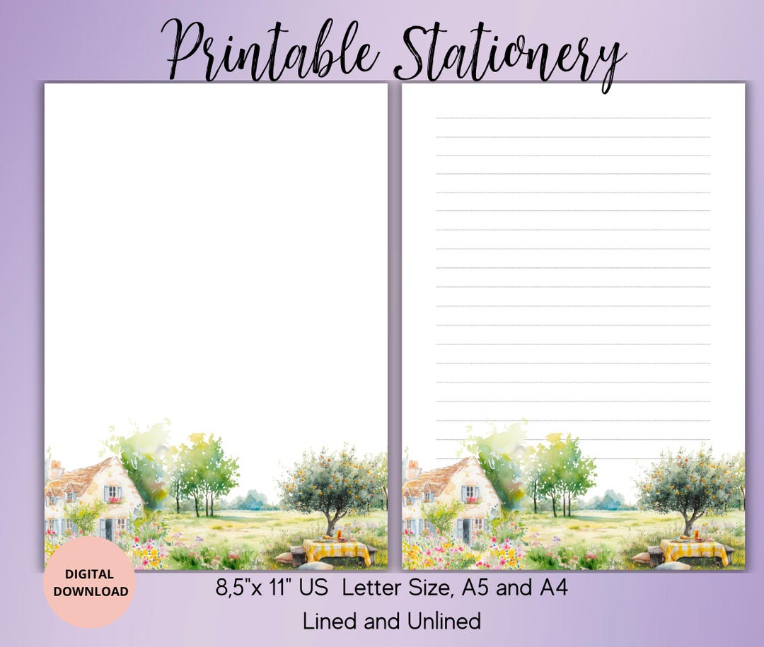 Watercolor Summer Scene Printable Stationery Set-cottage Writing Paper ...