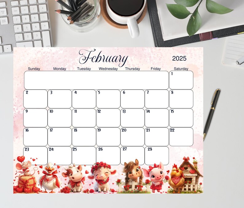 February 2025 Editable Printable Calnedar-cute Farm Animal Calendar ...