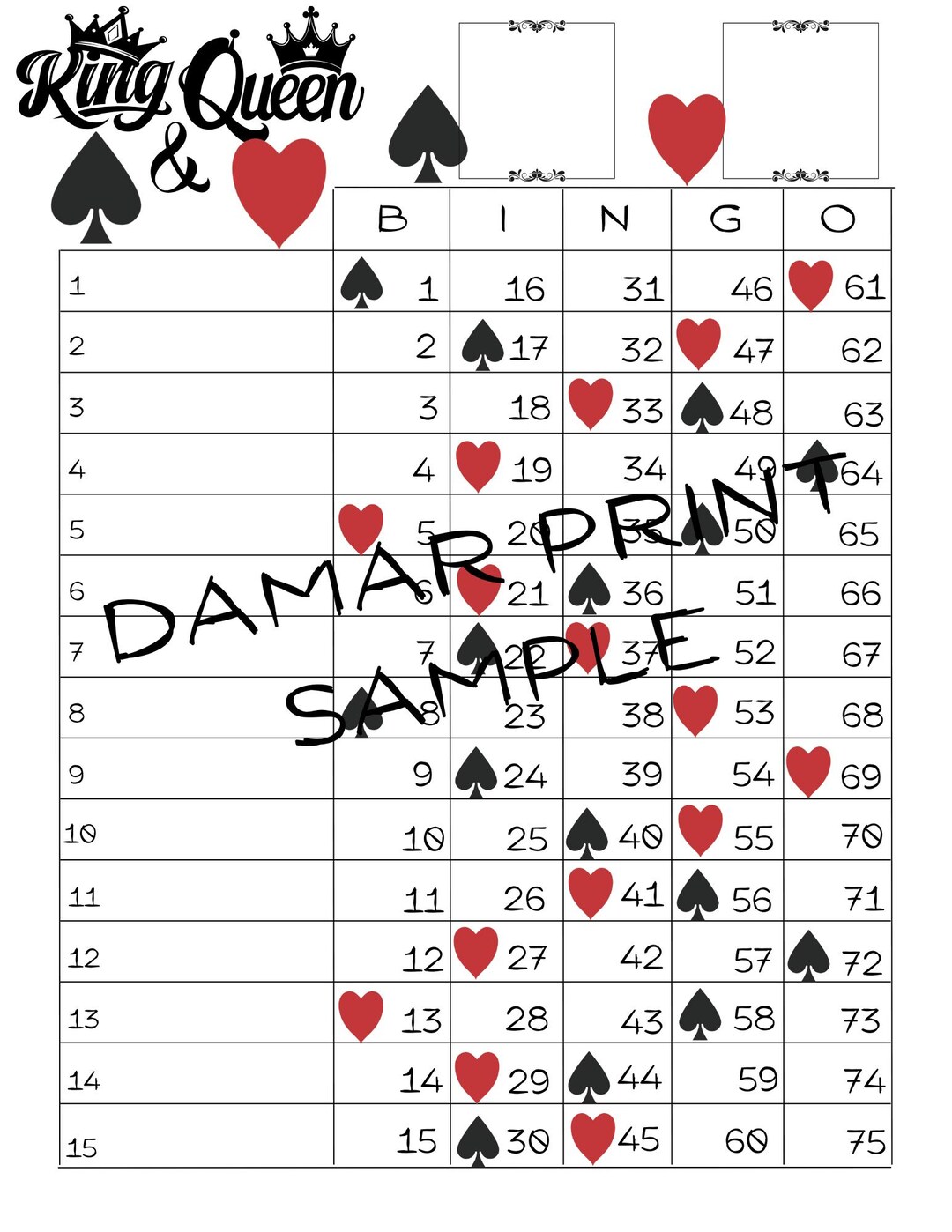 King and Queen Printable Bingo Boards 1-15 Lines-instant Download ...