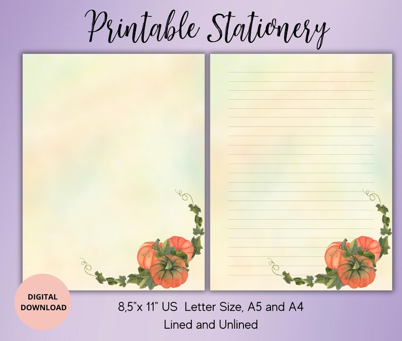 Pumpkin Printable Stationery-fall Pumpkins Writing Paper Set Lined ...