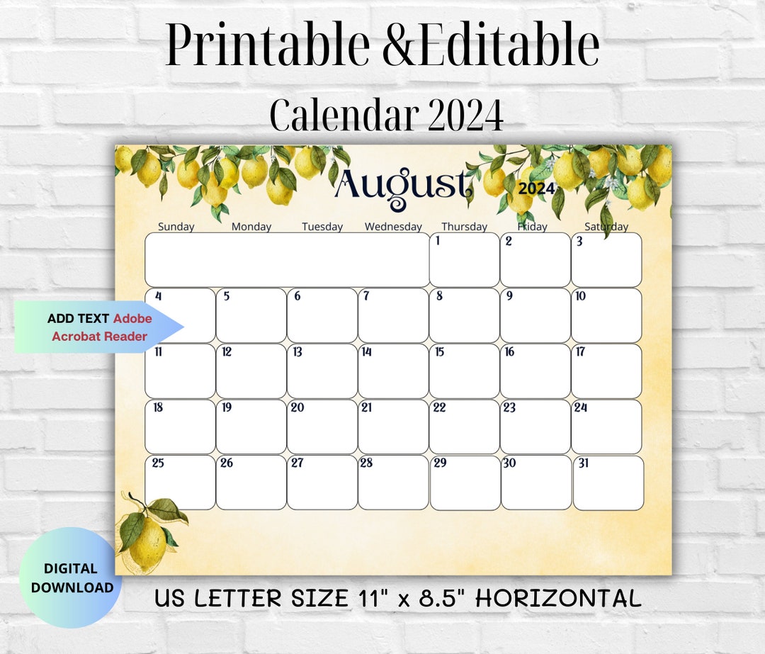 Editable August 2024 Calendar-lemon Printable Planner Digital Monthly ...