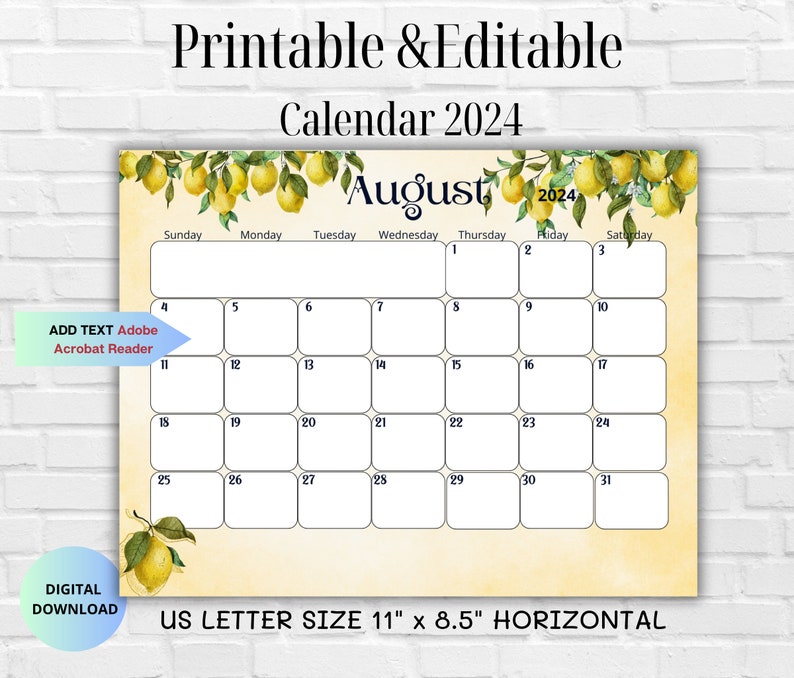 Editable August 2024 Calendar-lemon Printable Planner Digital Monthly ...