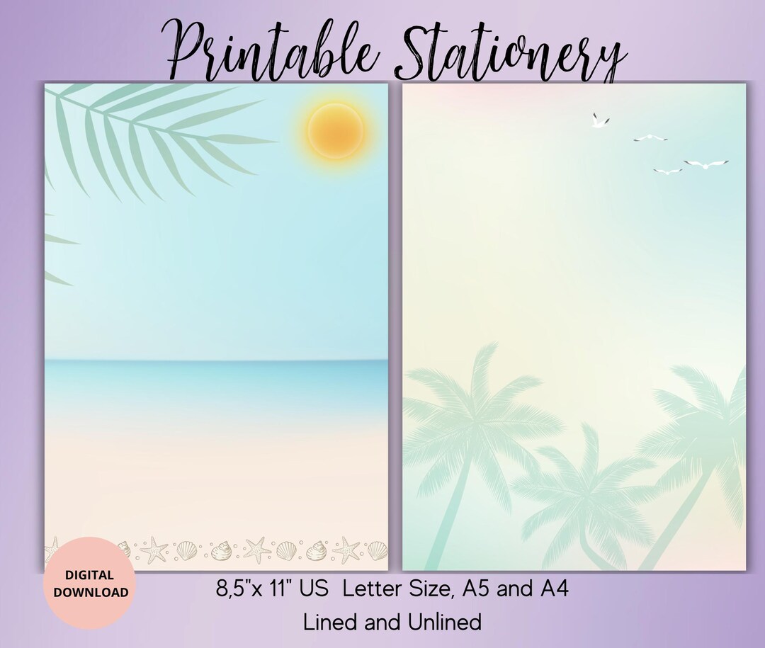 Summer Theme Printable Stationery-beach Writing Paper Set Lined Unlined ...
