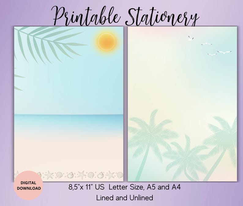 Summer Theme Printable Stationery-beach Writing Paper Set Lined Unlined ...