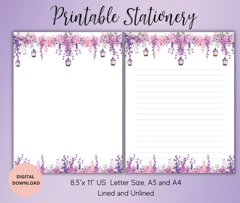 Flowers and Lantern Printable Stationery-floral Writing Paper Set ...