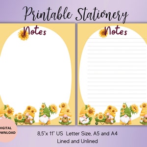 Gnome Printable Notes-printable Gnome Stationary-sunflowers Printable ...