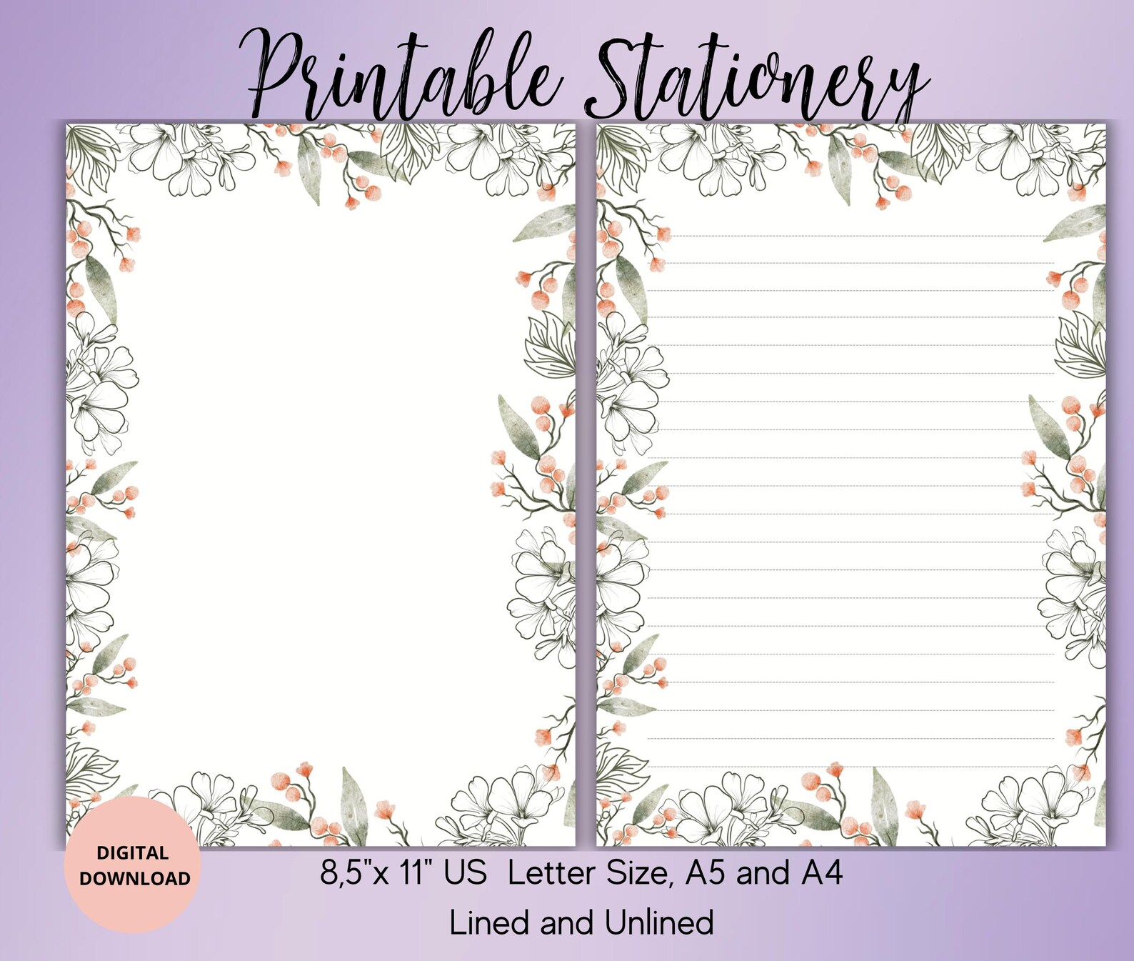 Flower Printable Stationery-flower Writing Paper Lined Unlined A4/A5/US ...