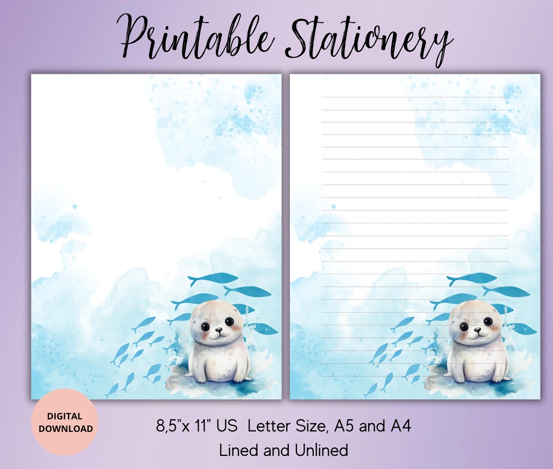 Fur Seal Printable Stationary -ocean Life Letter Writing Paper Set-us ...