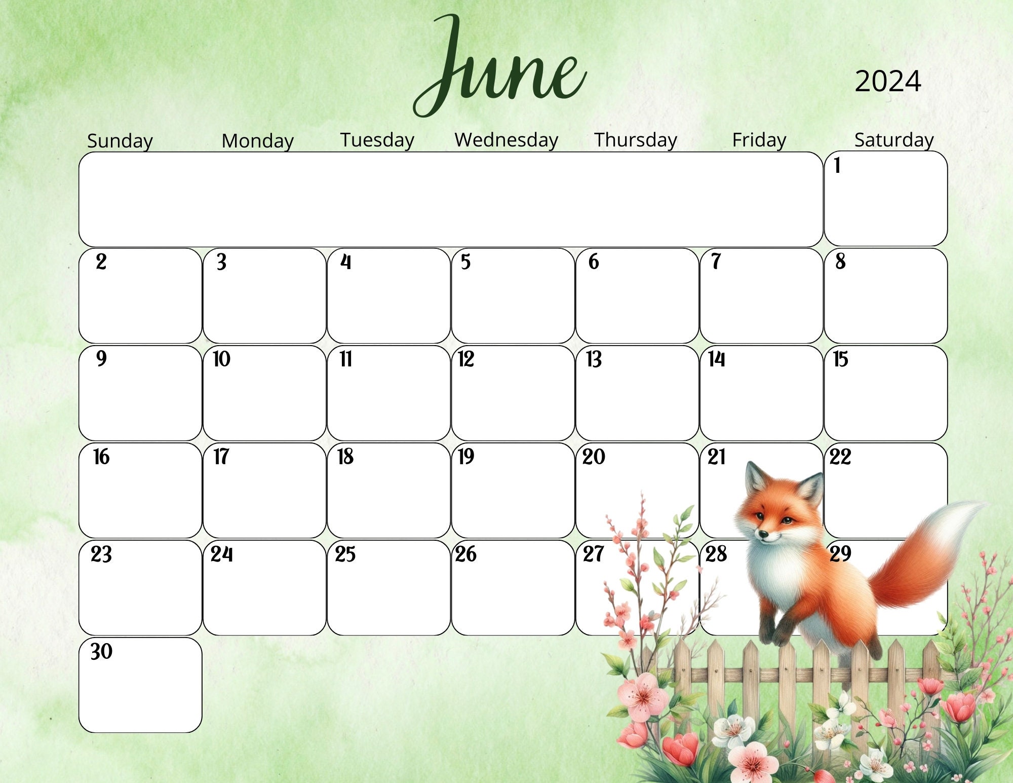 June 2024 Editable Calendar-printable Summer Monthly Planner-fox Kids ...