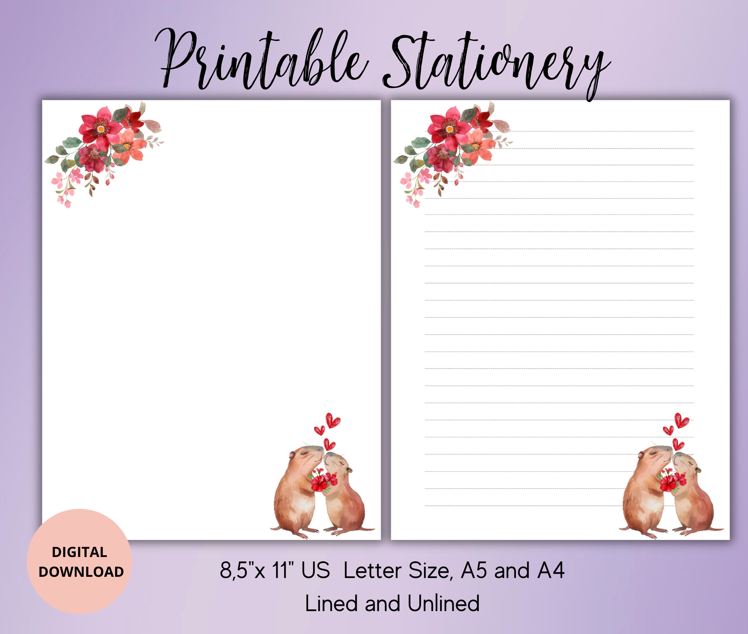 Capybara Lover Printable Stationery-adorable Capybara-animal Writing ...