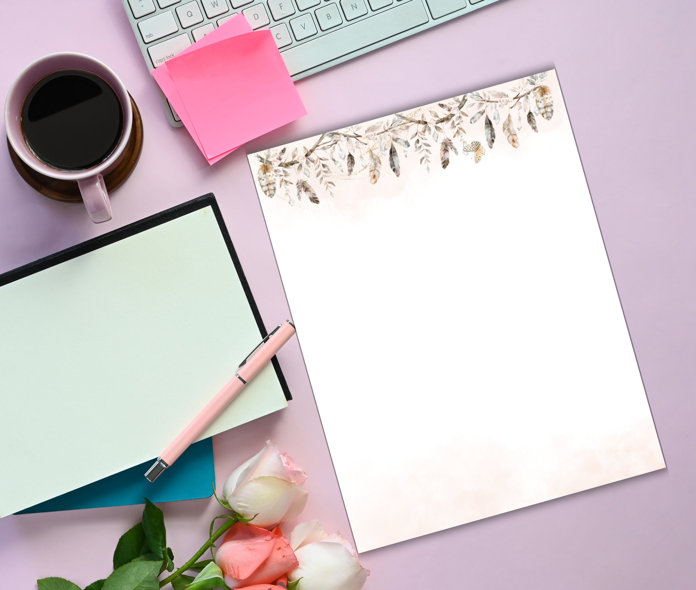 Watercolor Boho Feathers Printable Stationery -watercolor Writing Paper ...