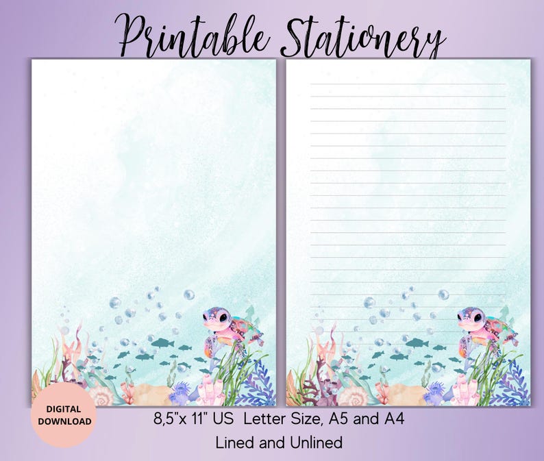 Sea Turtle Printable Stationery-marine Writing Paper Unlined Lined A5 ...