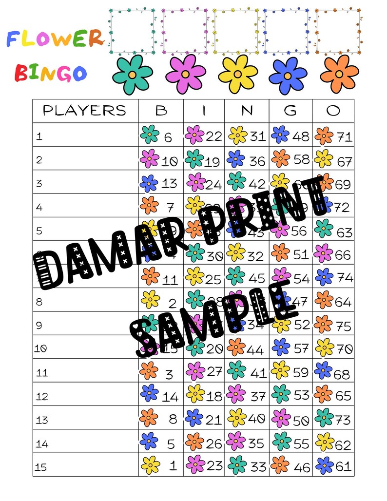 Flower Bingo Boards-printable Bingo Boards 1-15 Lines- Straight Mixed ...