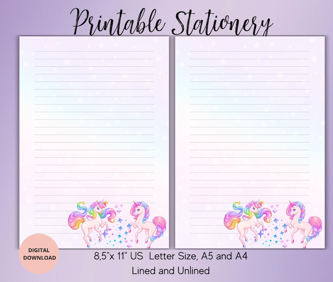 Unicorns Printable Stationery-watercolor Writing Paper Unlined Lined A5 ...