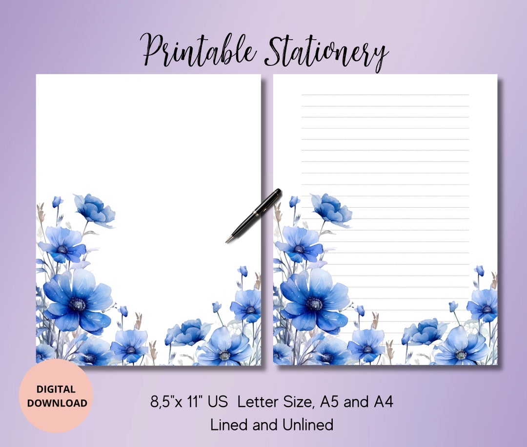 Blue Flower Printable Stationery-watercolor Flower Stationary-digital ...