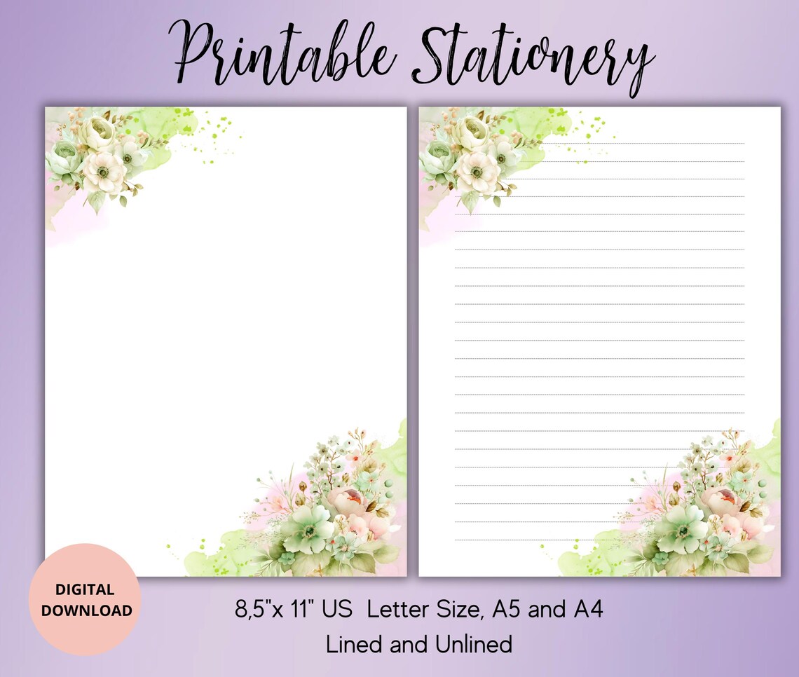 Watercolor Flower Writing Paper Unlined Lined A4/A5/US Letter-printable ...