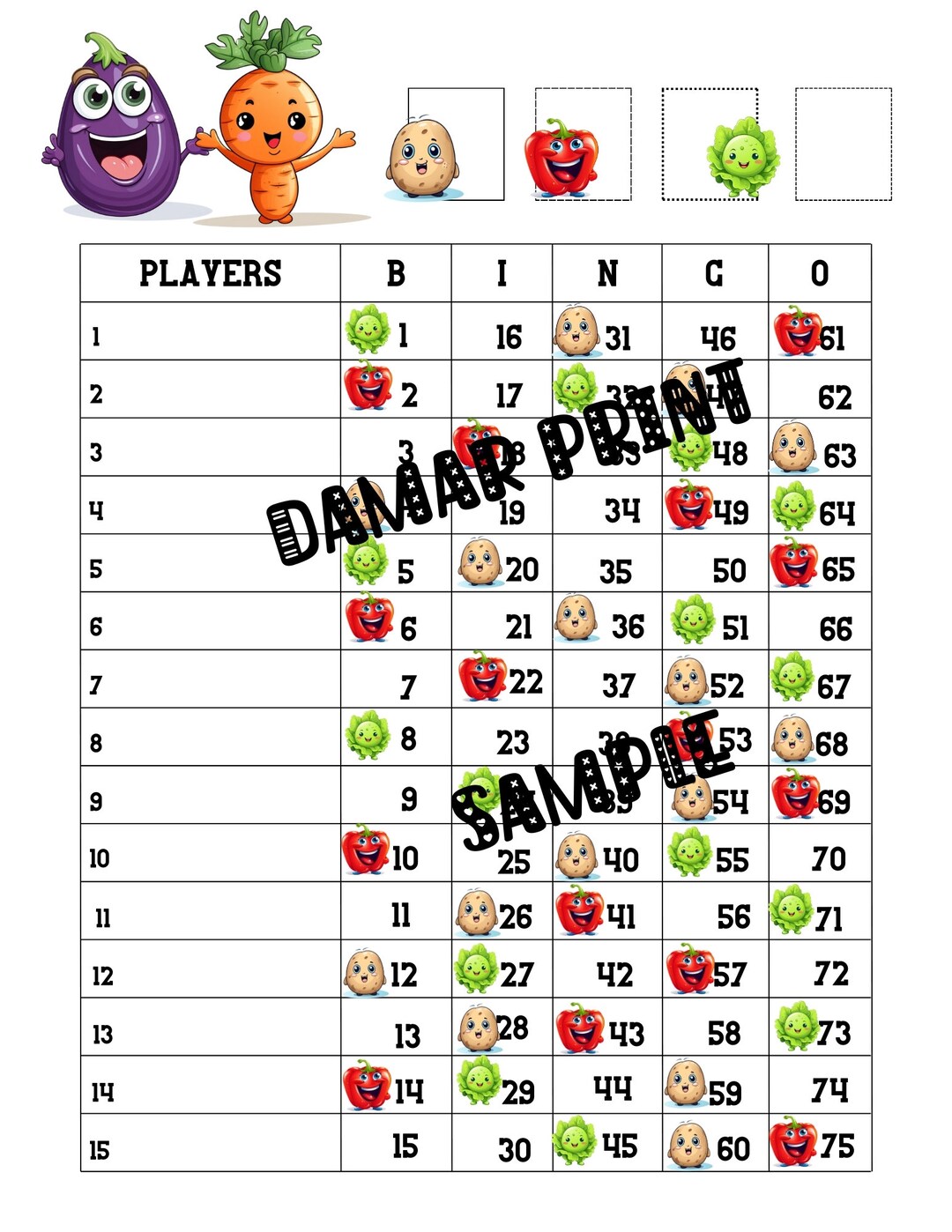Printable Vegetables Bingo Boards 1-75 Ball Bingo Board 1-15 Lines - Etsy
