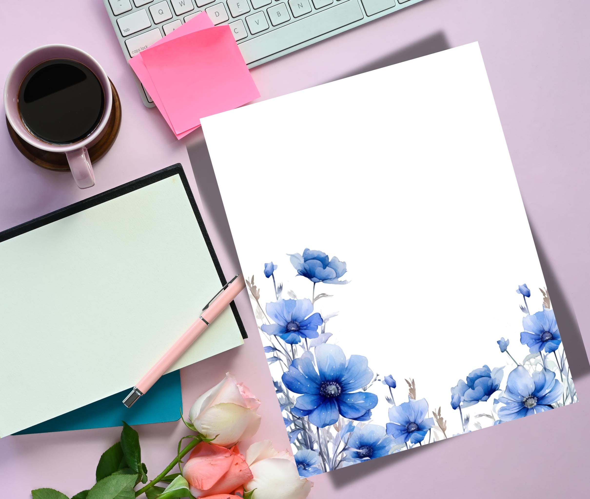 Blue Flower Printable Stationery-watercolor Flower Stationary-digital ...