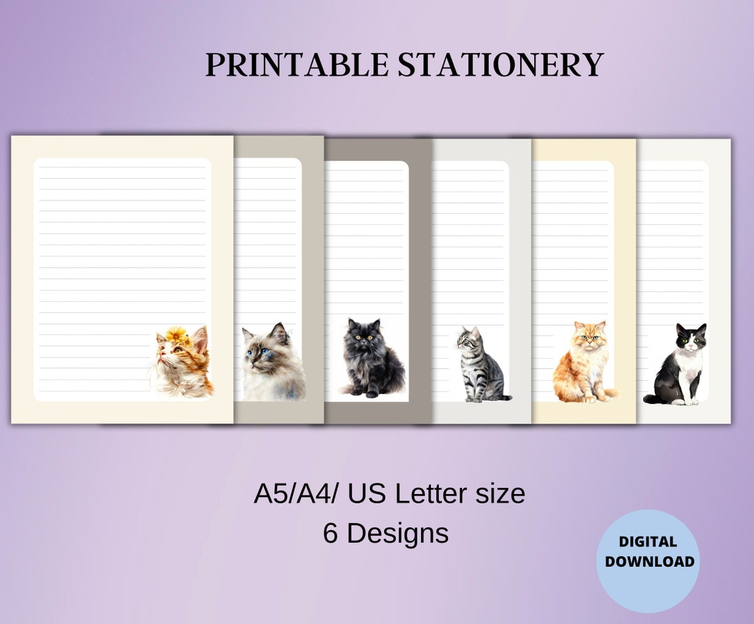Cat Lover Printable Stationery Set A4/A5/US Letter Lined Digital Letter ...