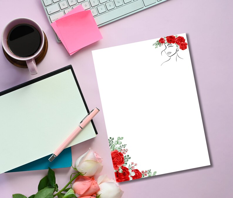 Girl With Flowers Printable Stationery-roses Flower Stationary-floral ...