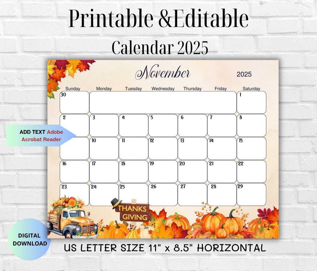Editable November 2025 Calendar-happy Thanksgiving 2025 Planner-autumn ...