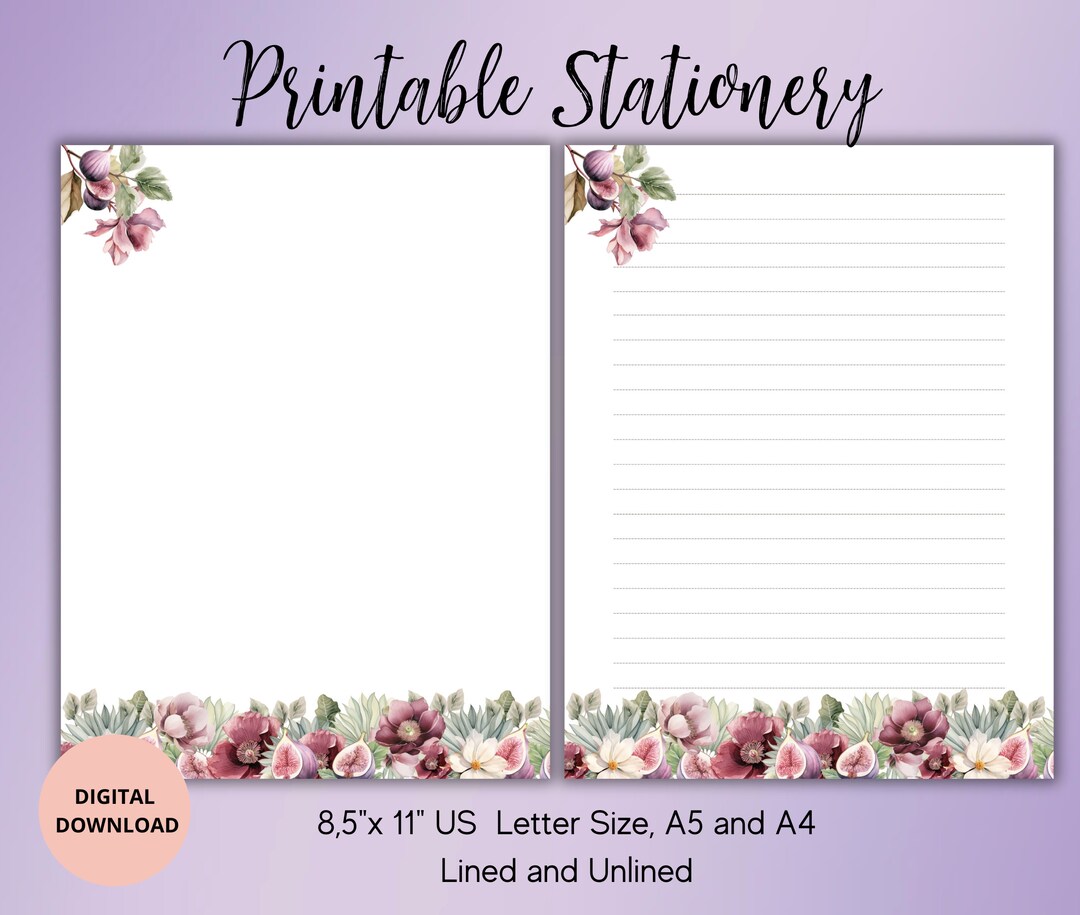 Flowers and Fig Fruit Printable Stationery Sets-floral Writing Paper ...