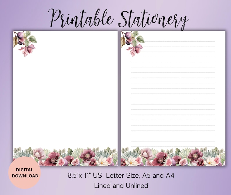 Flowers and Fig Fruit Printable Stationery Sets-floral Writing Paper ...