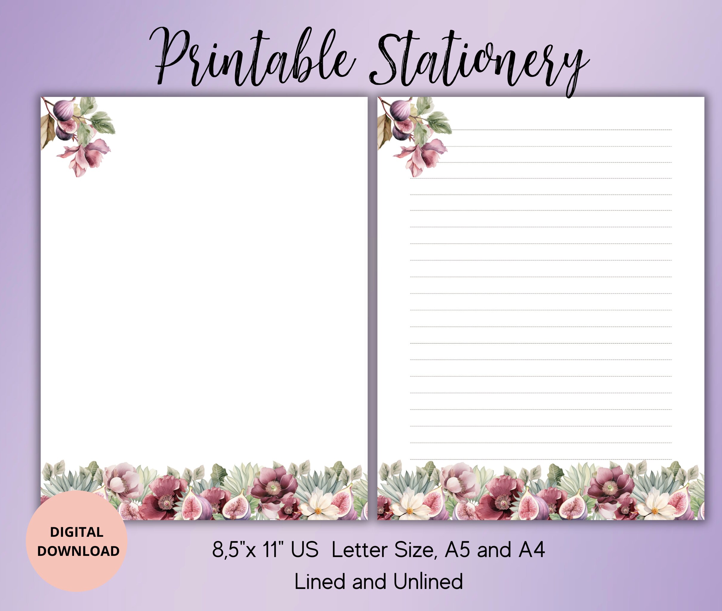 Flowers and Fig Fruit Printable Stationery Sets-floral Writing Paper ...