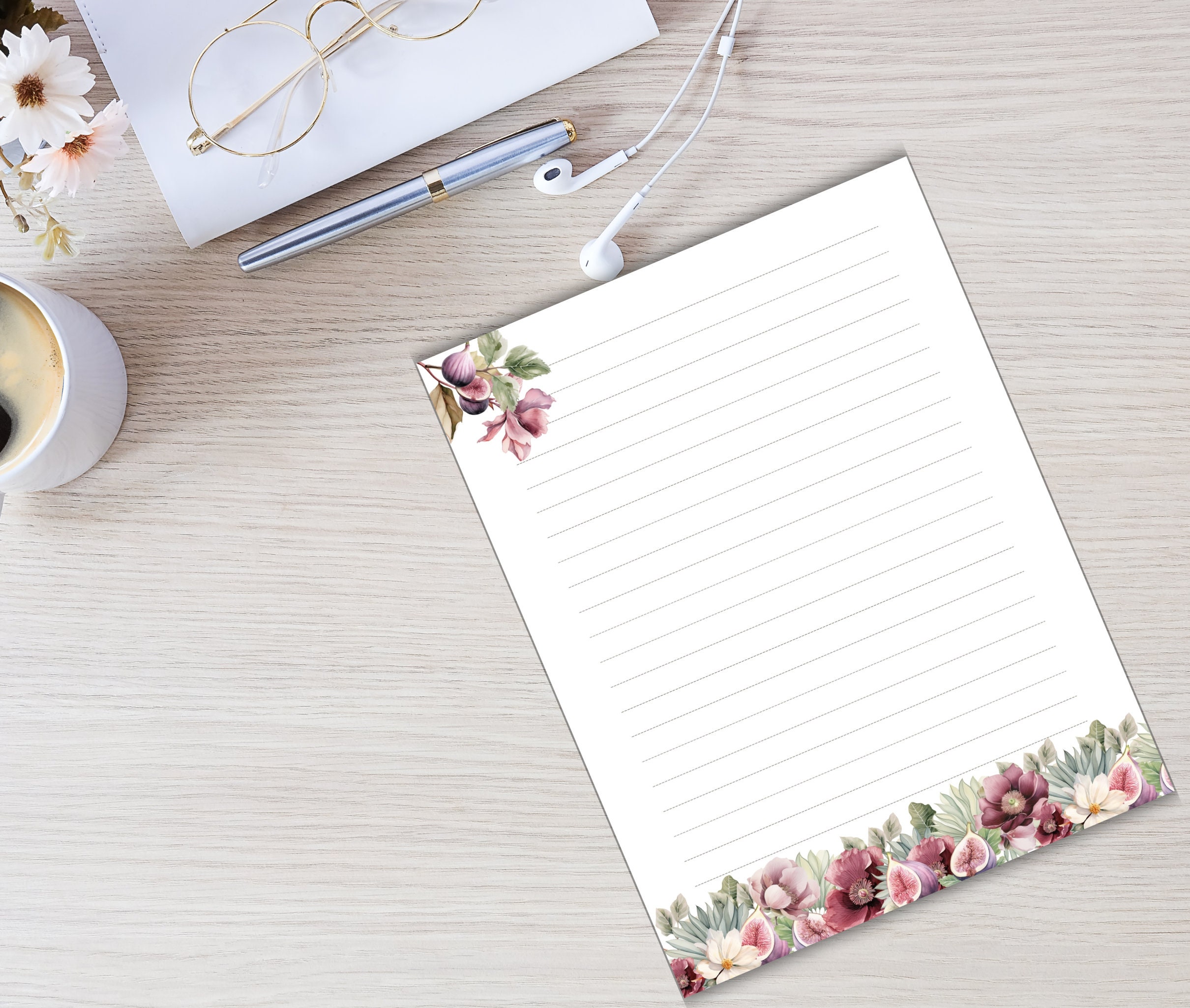 Flowers and Fig Fruit Printable Stationery Sets-floral Writing Paper ...