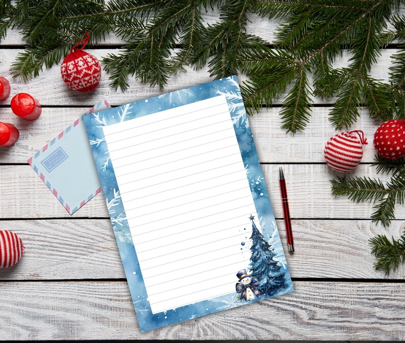 Blue Winter Printable Stationery-christmas Tree Snowman Writing Paper ...