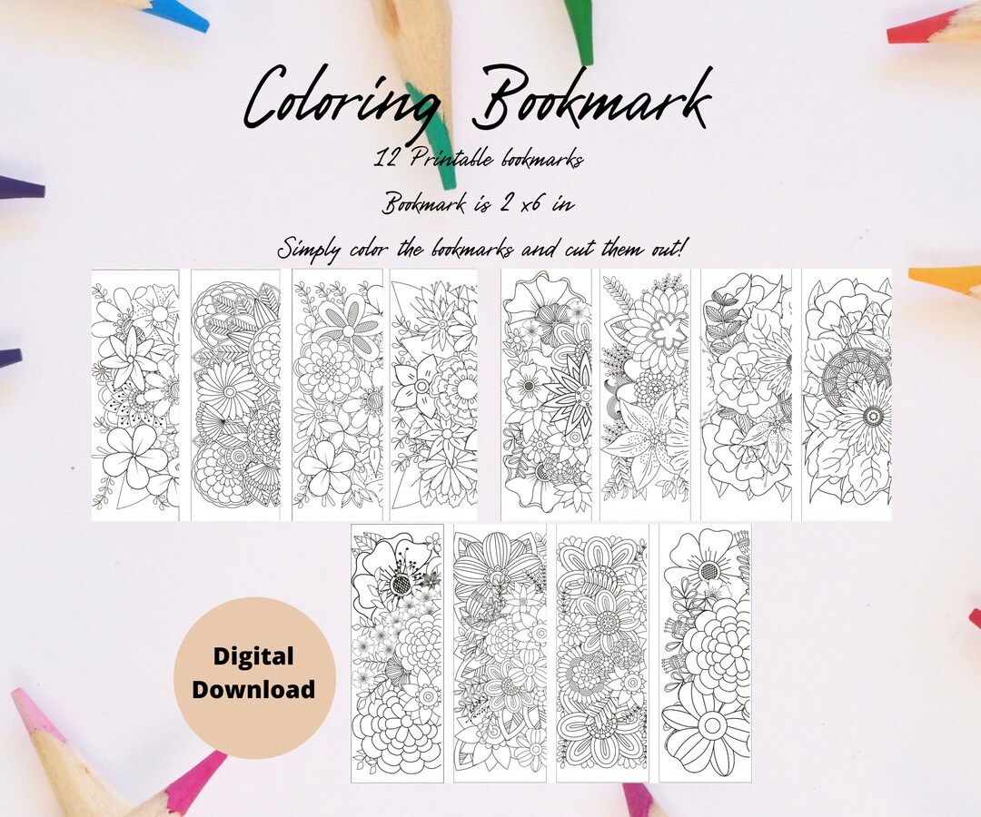Flower Coloring Bookmark,12 Printable Coloring Bookmark, Party Activity ...