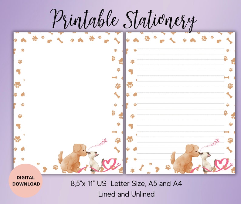Cat and Dog Printable Writing Paper Set Unlined Lined A5/A4/US Letter ...