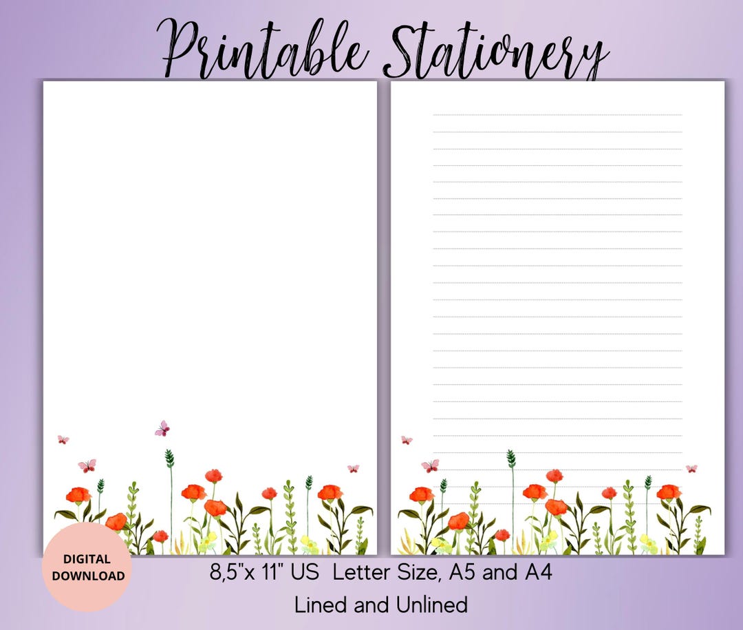 Poppies Printable Stationery-summer Flower Writing Set A4/A5/US Letter ...