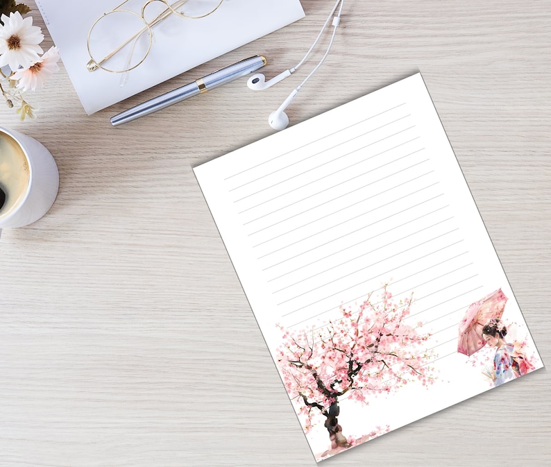 Sakura and Japanese Girl Printable Stationery-cherry Blossom Writing ...