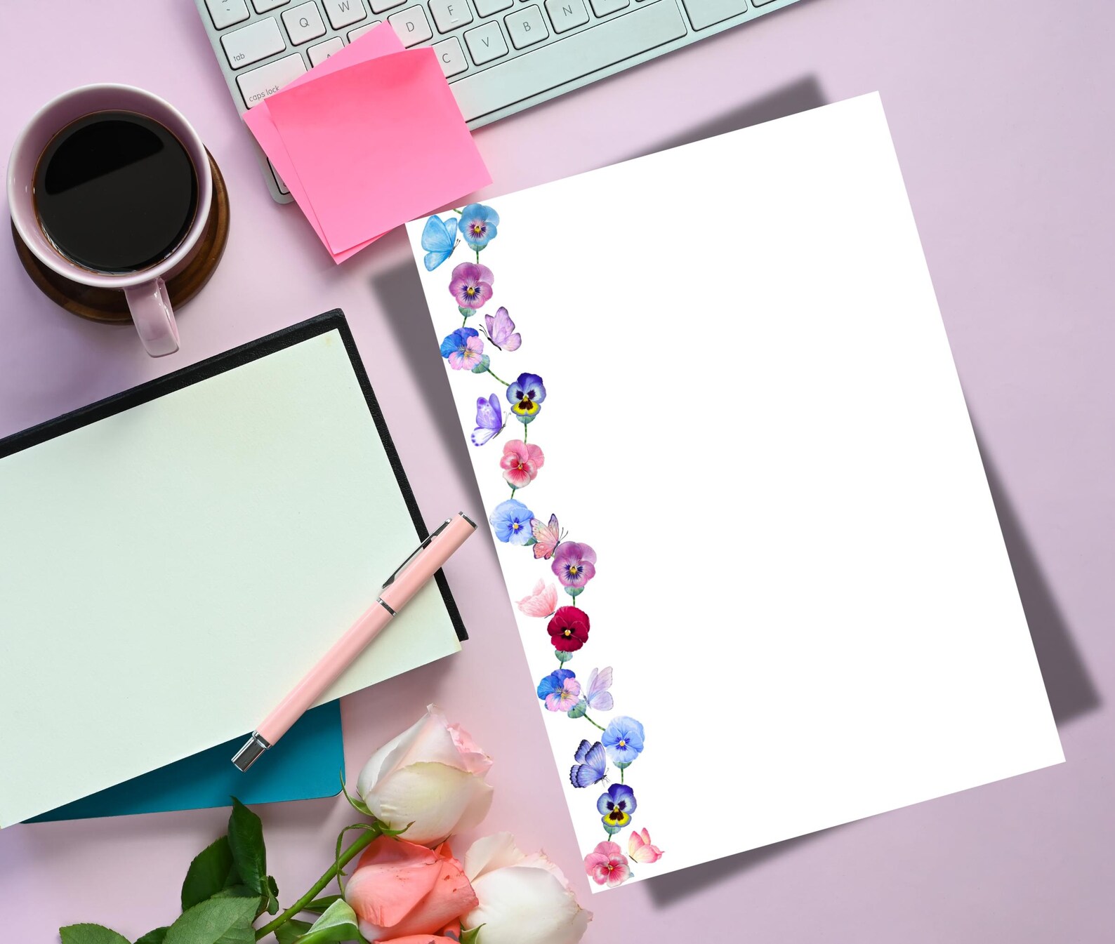 Pansies With Butterflies Printable Stationery-flower Writing Paper ...