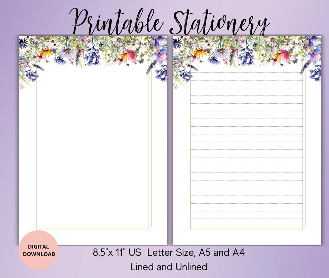 Wildflowers Printable Stationery Set-flower Writing Paper Lined,unlined ...