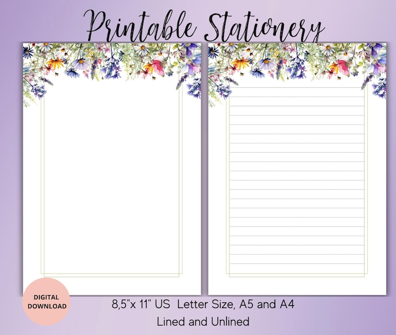 Wildflowers Printable Stationery Set-flower Writing Paper Lined,unlined ...